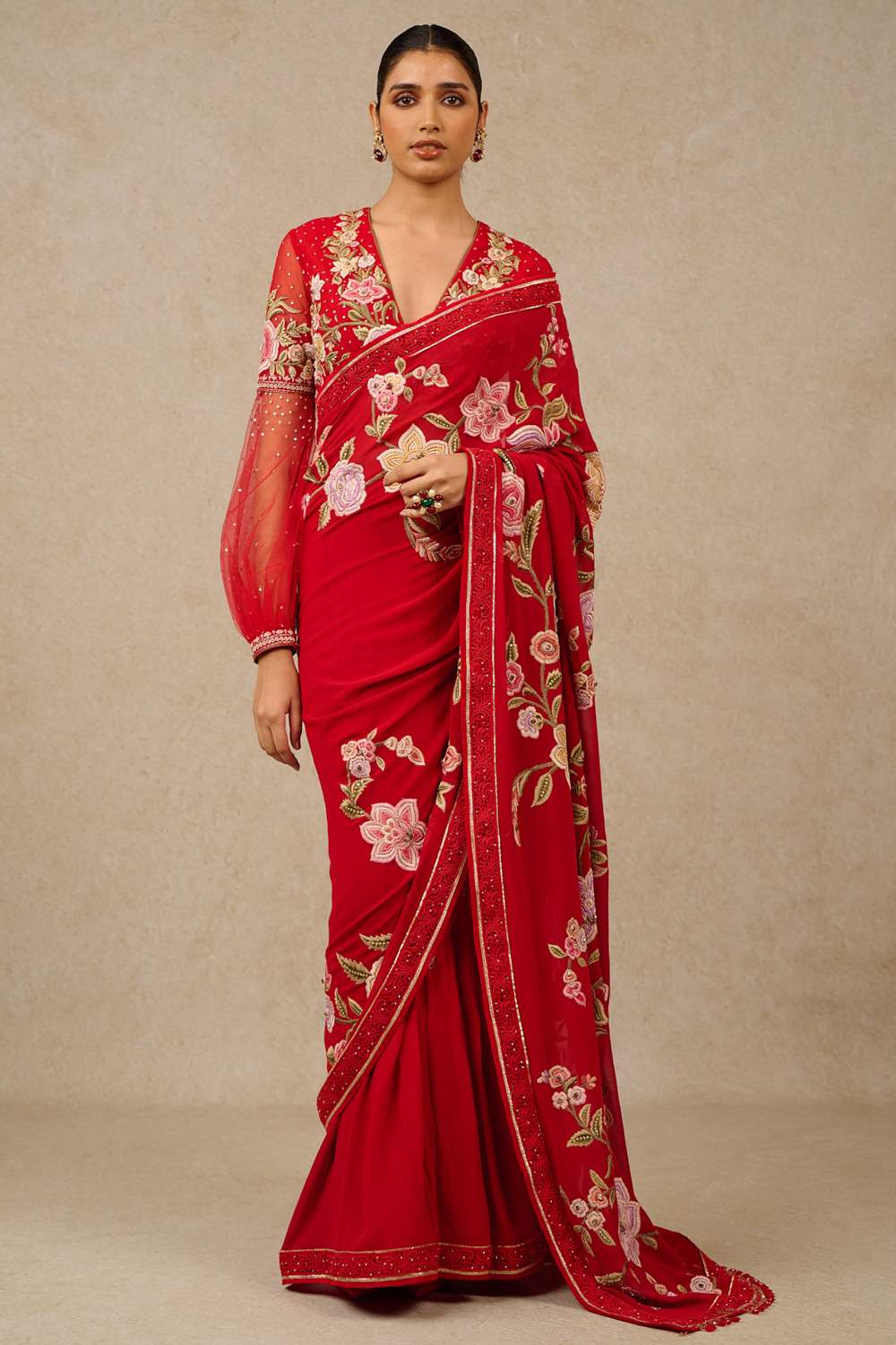 Buy Tarun Tahiliani Soft Red Blouse : Tulle, Sari : Silk Georgette ...
