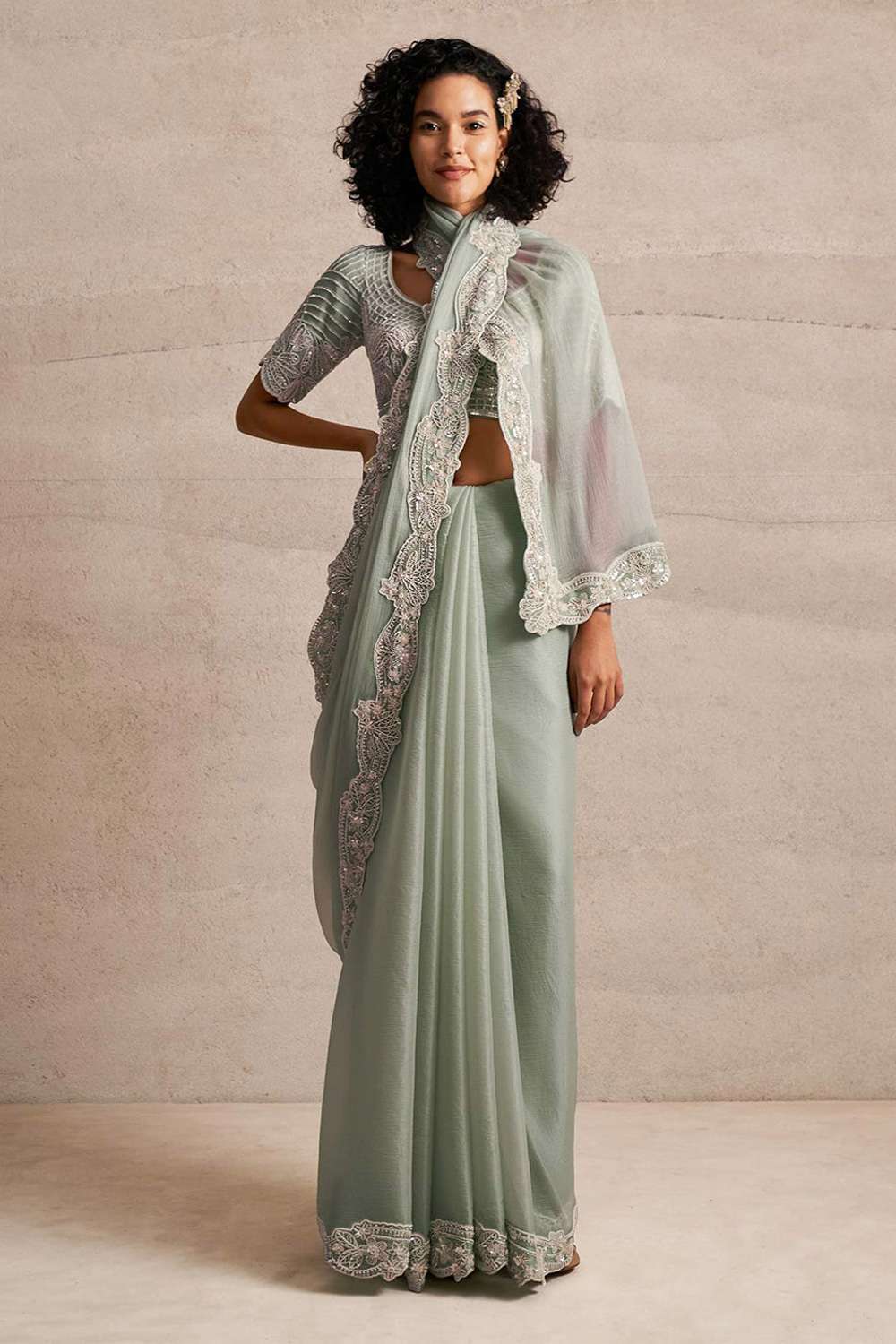 Buy Varun Nidhika Soft Green Blouse:Silk Chiffon, Sari: Glazed French ...