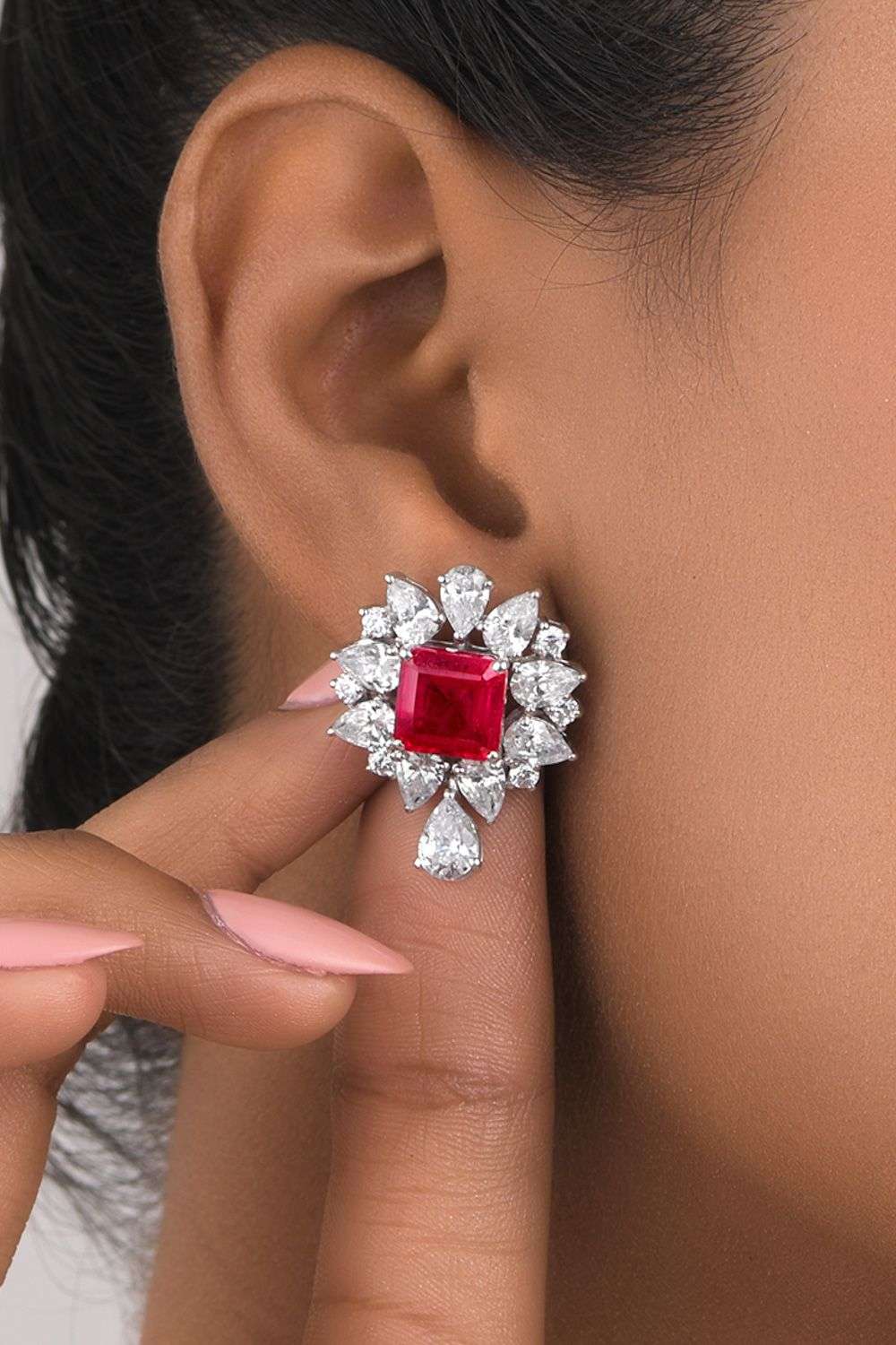 Buy Diosa Paris Soft Red Swarovski Zirconia Square Cut Man Made Rubies Earrings