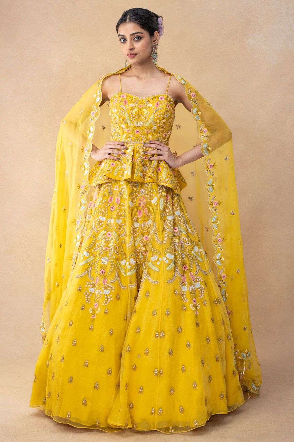 Buy Ahilian Soft Yellow Satin Georgette, Organza Lehengas