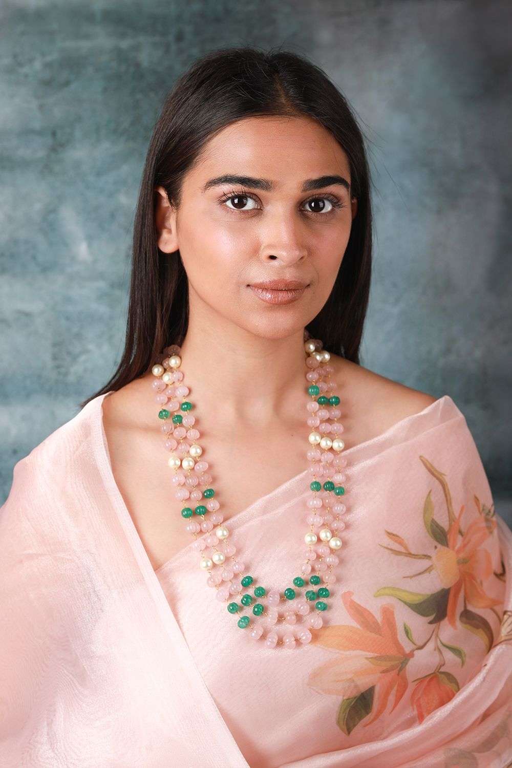 Buy Vintage Rose Quartz Jade Beaded Necklace Maala Designer Wear Ensemble